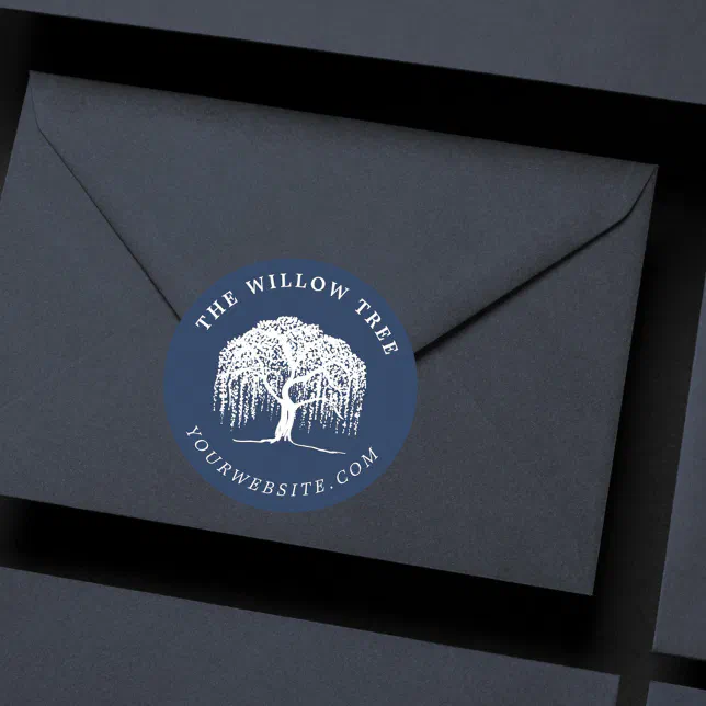 Rustic Modern Navy Blue & White Willow Tree Logo Classic Round Sticker ...