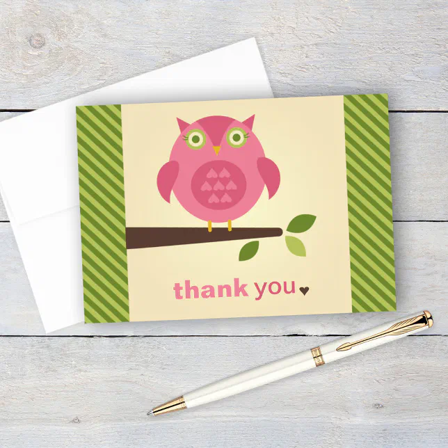 Rustic Modern Pink Owl on Tree Branch Thank You Card | Zazzle