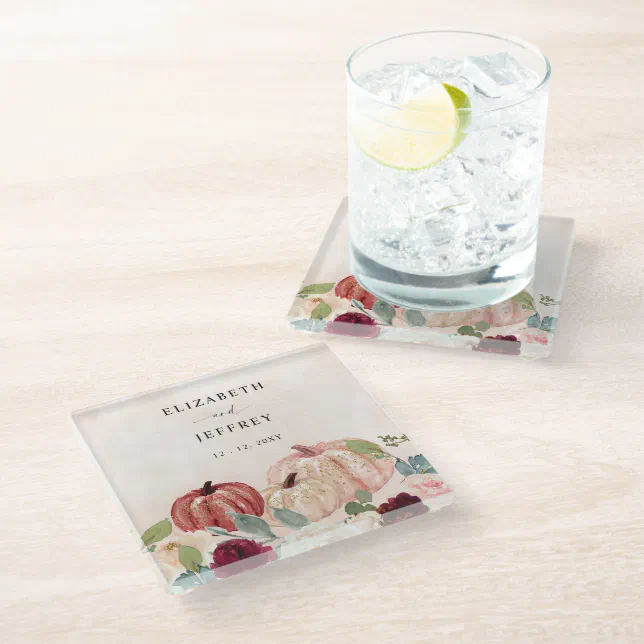 Rustic Modern Pumpkins Country Fall Wedding Glass Coaster | Zazzle