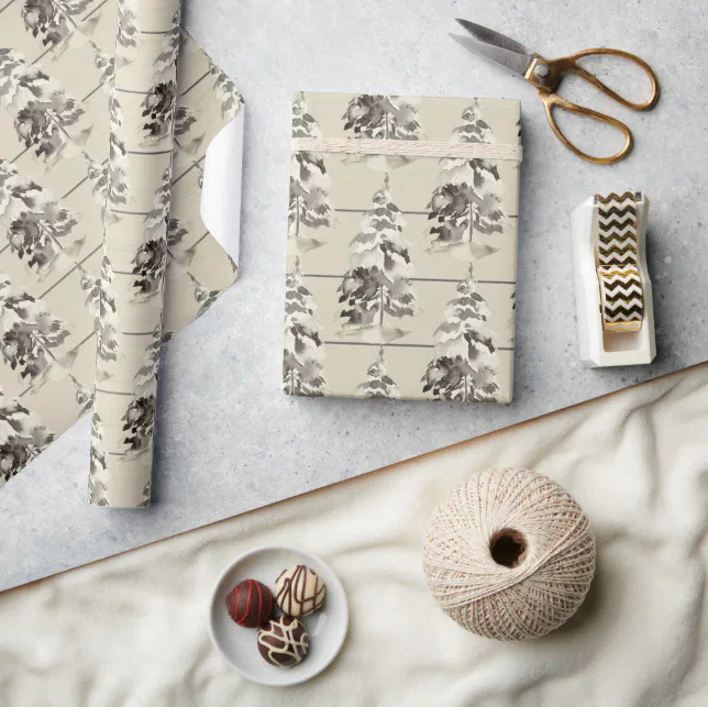 Rustic Modern Snowy Christmas Trees Wrapping Paper | Zazzle