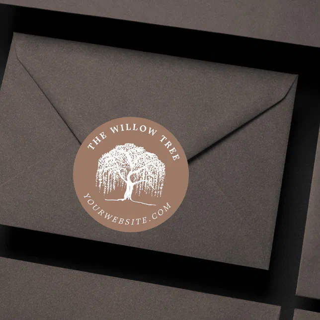 Rustic Modern Tan Brown & White Willow Tree Logo Classic Round Sticker ...