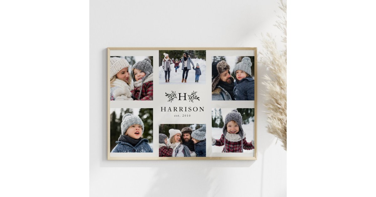 Rustic monogram 6 photo collage family name poster | Zazzle