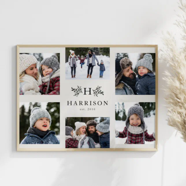 Rustic monogram 6 photo collage family name poster | Zazzle