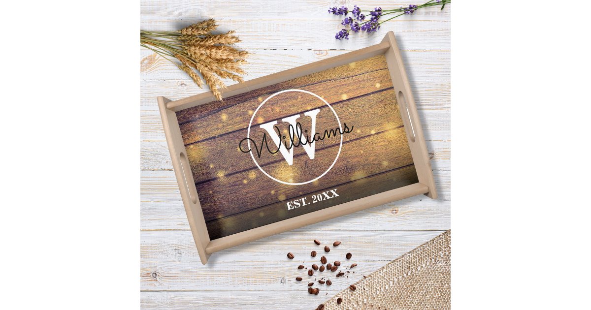 Rustic Monogram Elegant Script Wood Panels Serving Tray | Zazzle