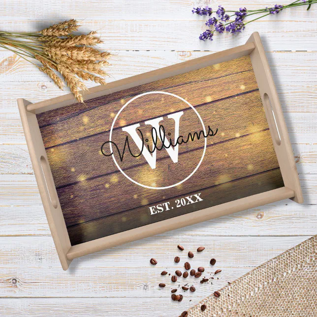 Rustic Monogram Elegant Script Wood Panels Serving Tray | Zazzle
