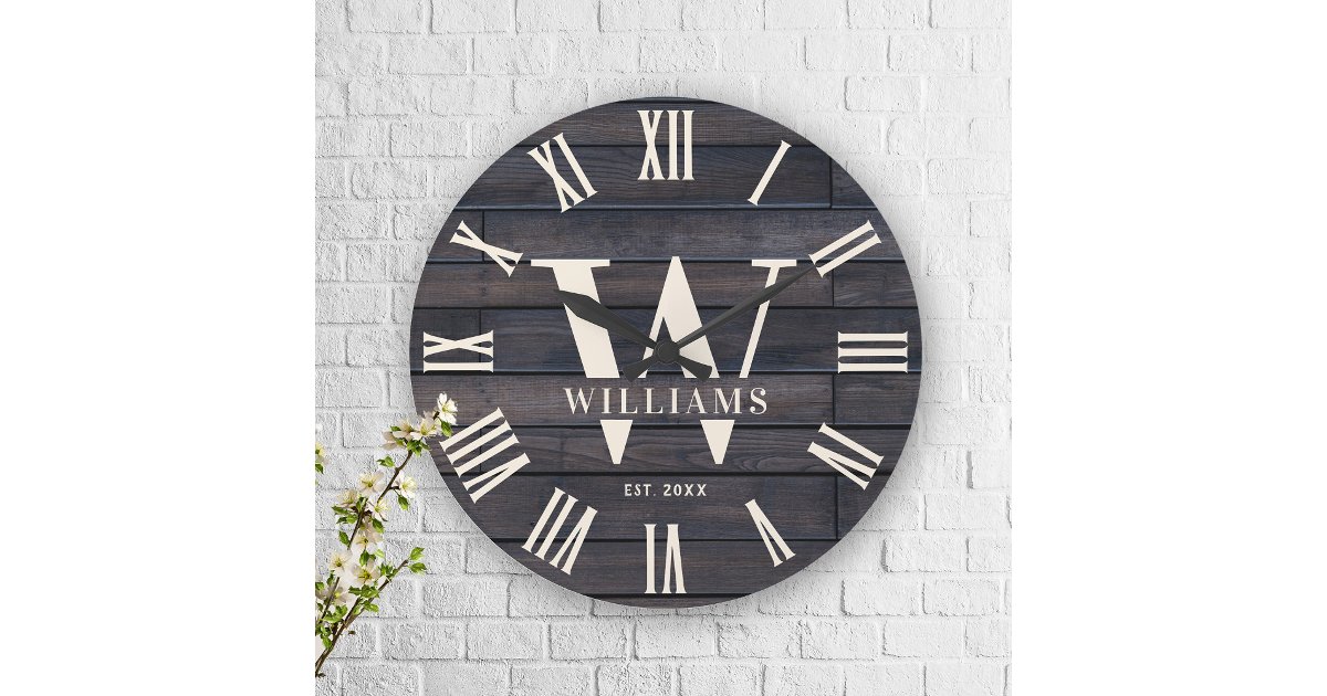Rustic Monogram Farmhouse Custom Family Name Large Clock | Zazzle