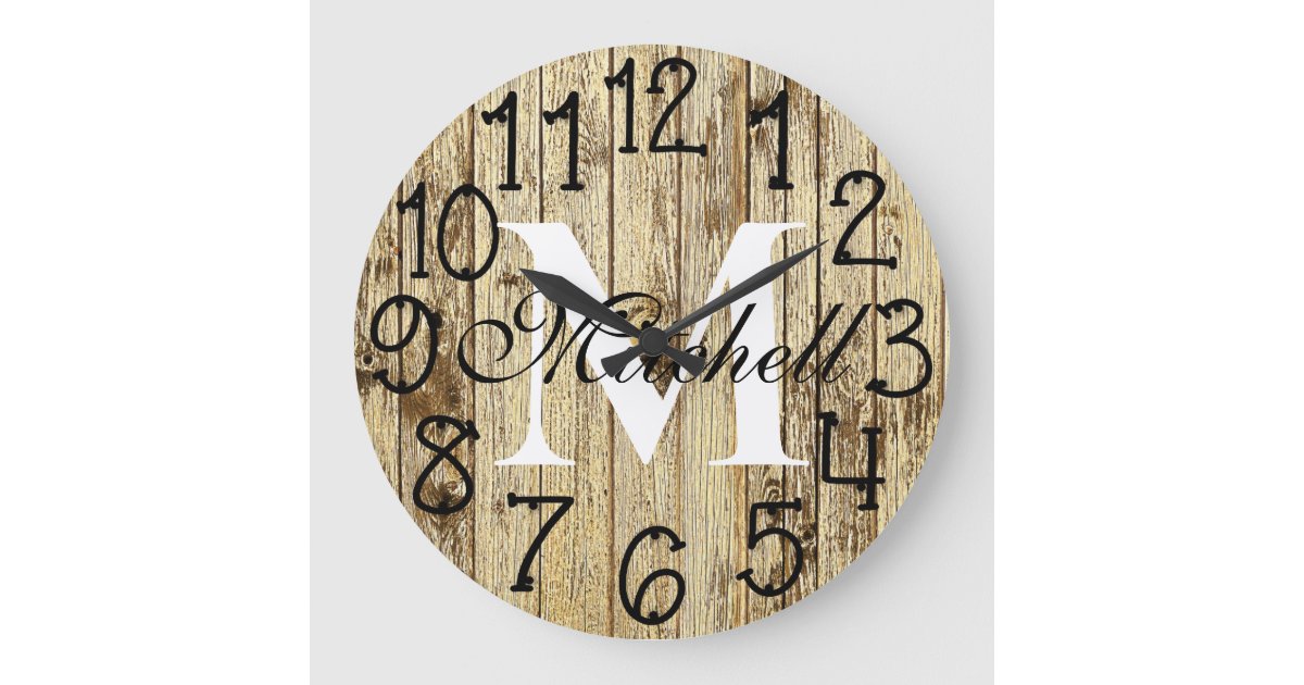 Rustic Monogram Farmhouse Custom Wood Large Clock | Zazzle
