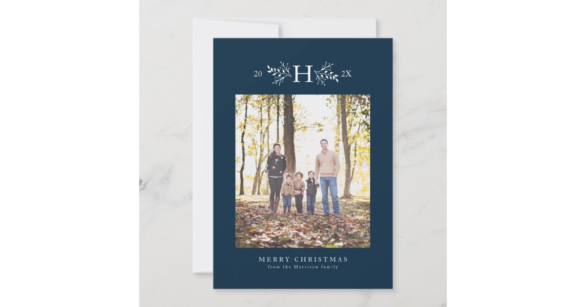 Rustic monogram navy blue holiday photo card | Zazzle