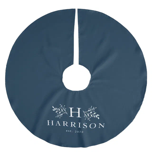 Rustic monogram navy family brushed polyester tree skirt | Zazzle