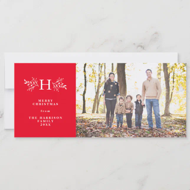Rustic monogram red holiday photo card | Zazzle
