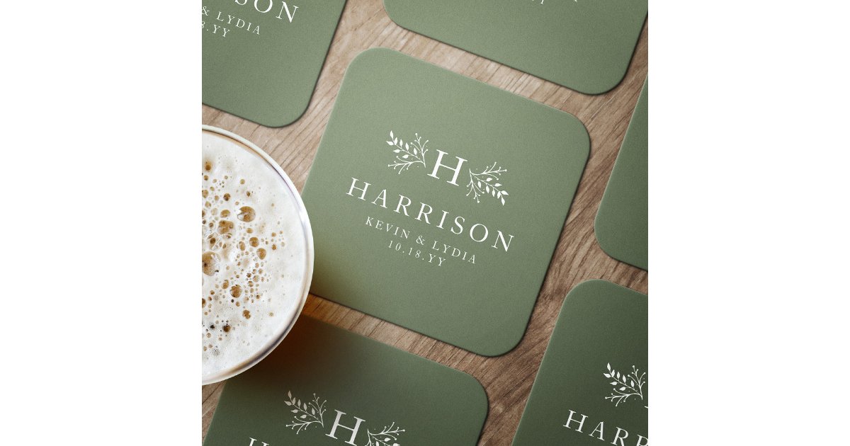 Rustic monogram sage green simple classic wedding round paper coaster ...