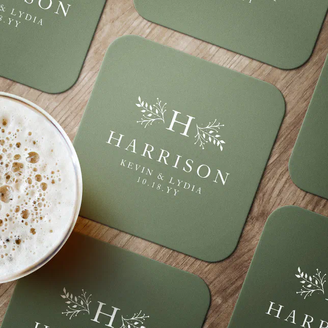 Rustic monogram sage green simple classic wedding round paper coaster ...