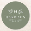 Rustic monogram sage green simple classic wedding round paper coaster ...