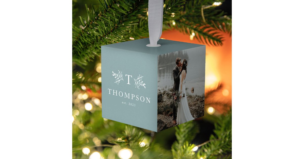 Rustic monogram soft blue three photo family name cube ornament | Zazzle