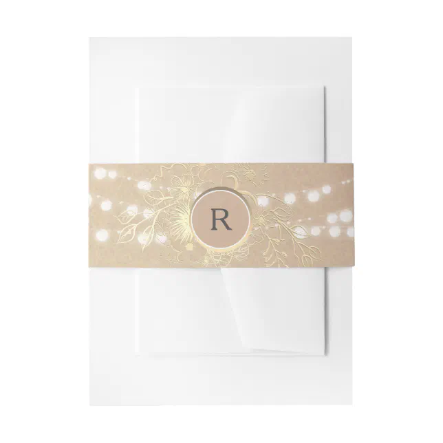 Rustic Monogram String Lights Wedding Invitation Belly Band | Zazzle