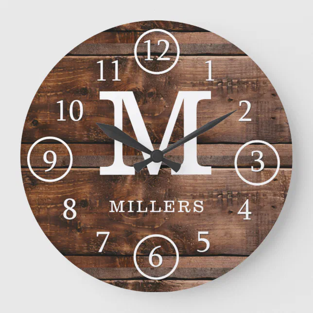 Rustic Monogrammed Dark Brown Wood Family Name Large Clock | Zazzle