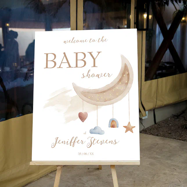 Rustic moon toy boho baby shower welcome sign | Zazzle