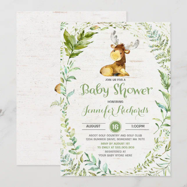 Rustic Moose Baby Shower Invitation Greenery | Zazzle