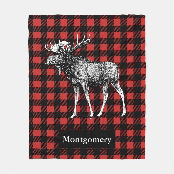 Rustic Moose Buffalo Check Plaid Family Name Fleece Blanket | Zazzle