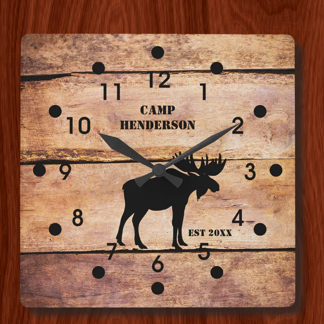 Rustic Moose Camp Plank Style Acrylic Clock | Zazzle