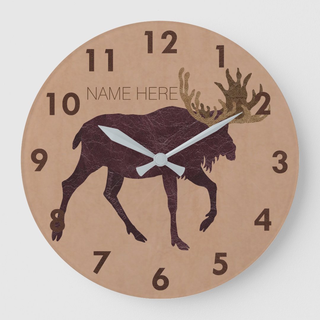 Rustic Moose Faux Leather-Look Name Large Clock | Zazzle