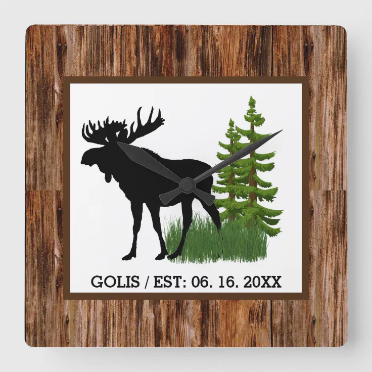 Rustic Moose with Wood Grain Trim Wall Clock | Zazzle