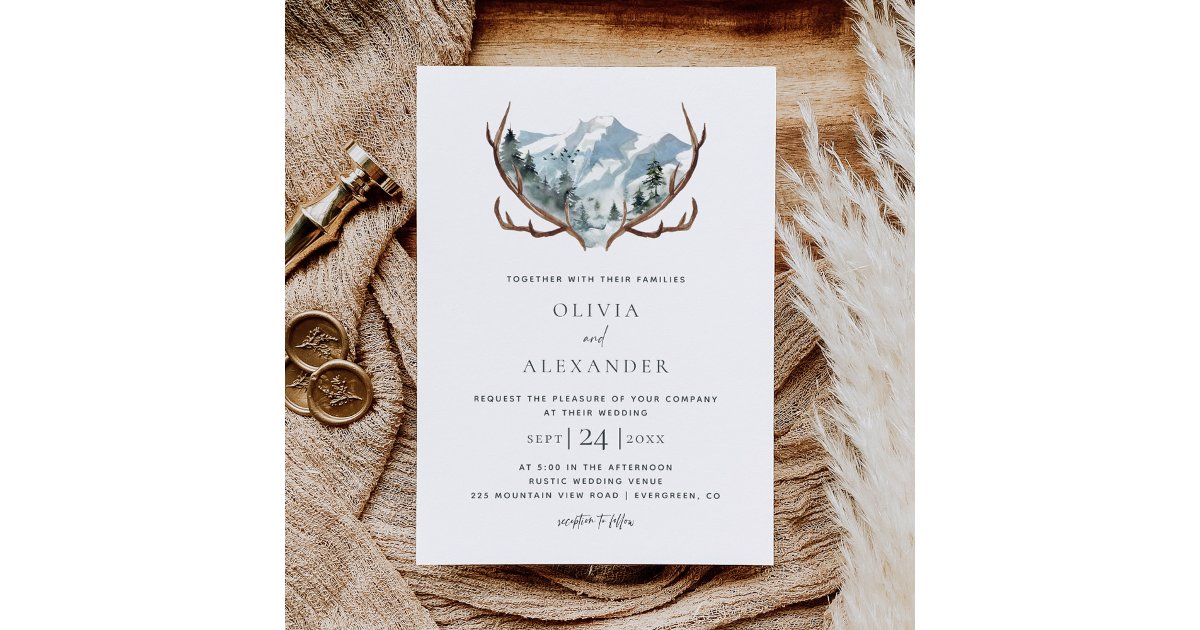 Rustic Mountain Antlers Wedding Invitation | Zazzle