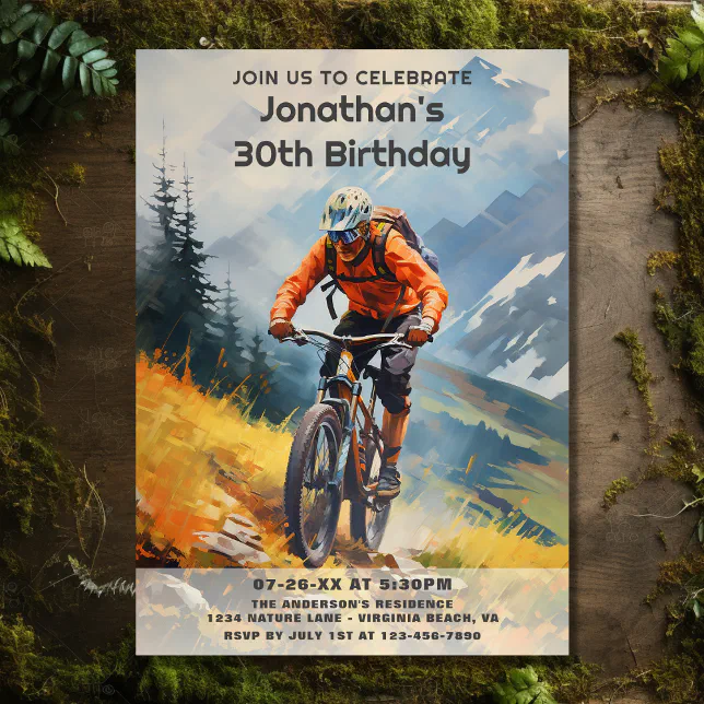 Rustic Mountain Bike Watercolor Birthday Invitation | Zazzle