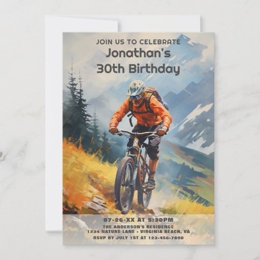 Rustic Mountain Bike Watercolor Birthday Invitation | Zazzle