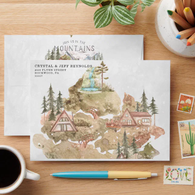 Rustic Mountain Forest Camping Map Wedding Envelope | Zazzle