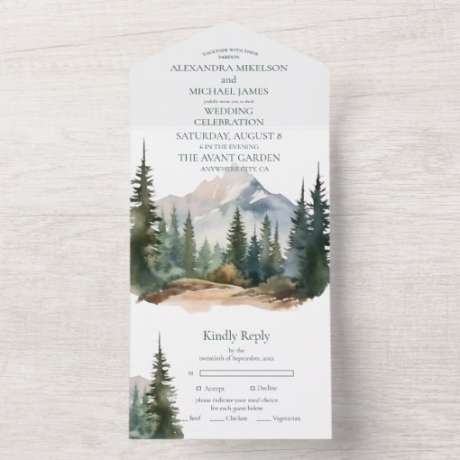 Rustic Mountain Forest Evergreen Tree Wedding All In One Invitation | Zazzle