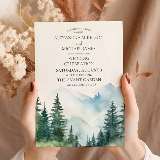 Rustic Mountain Forest Evergreen Tree Wedding Invitation | Zazzle
