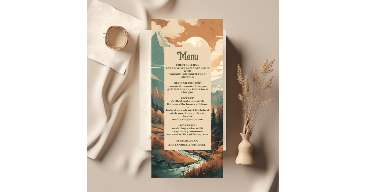 Rustic Mountain Forest Evergreen Wedding Menu | Zazzle