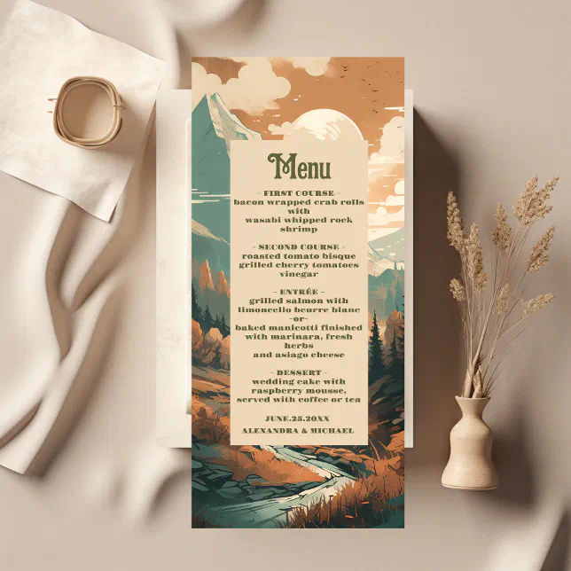 Rustic Mountain Forest Evergreen Wedding Menu | Zazzle