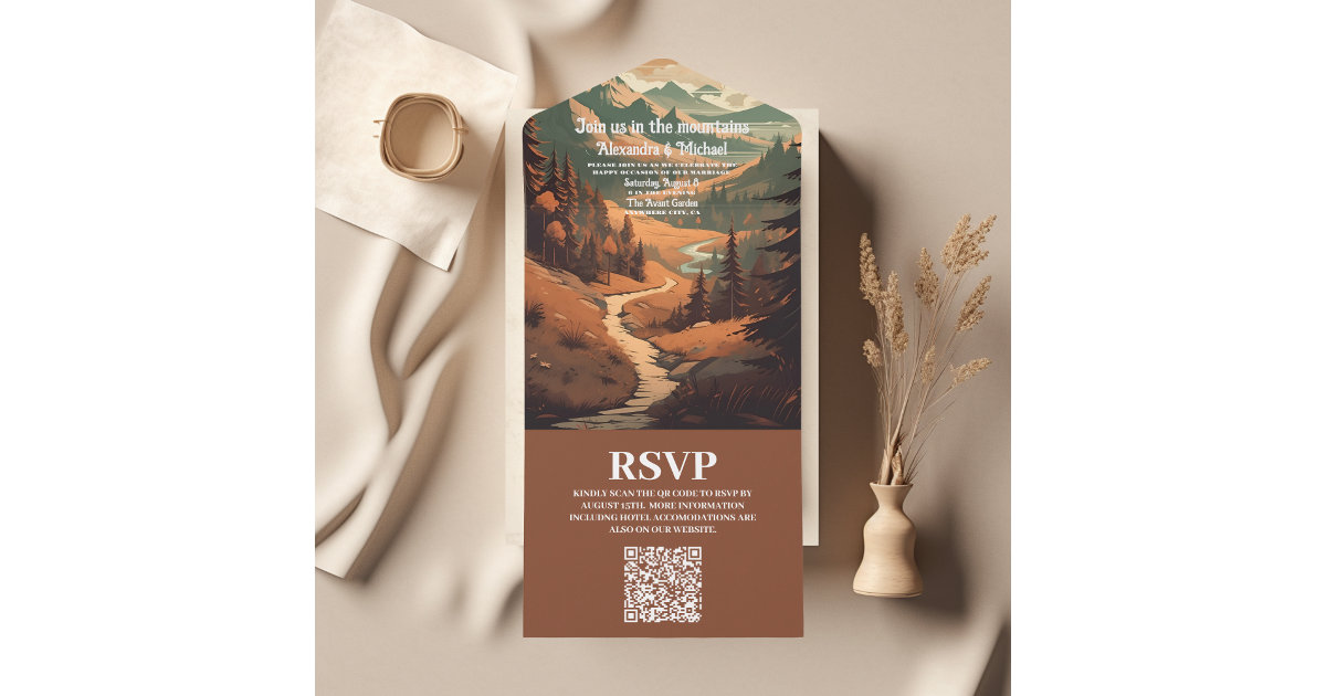 Rustic Mountain Forest Evergreen Wedding QR Code All In One Invitation ...