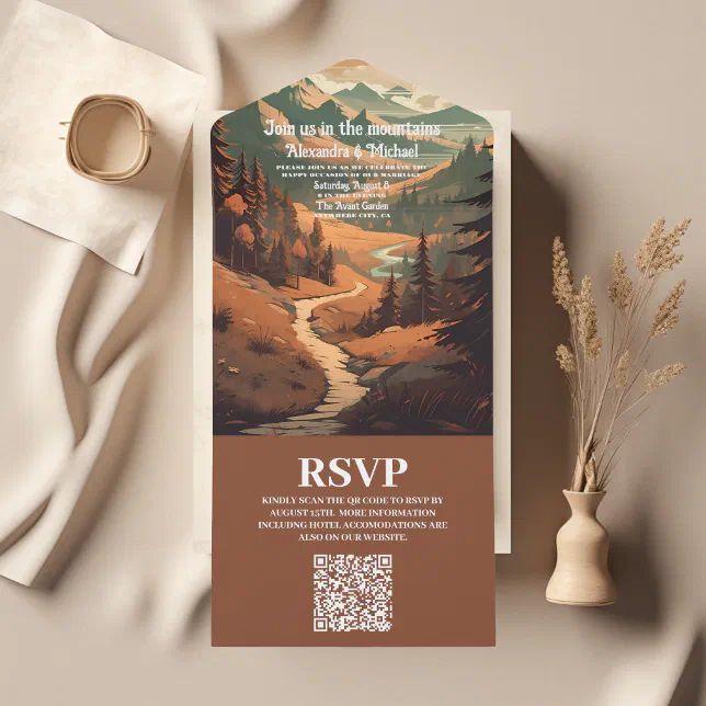 Rustic Mountain Forest Evergreen Wedding QR Code All In One Invitation ...