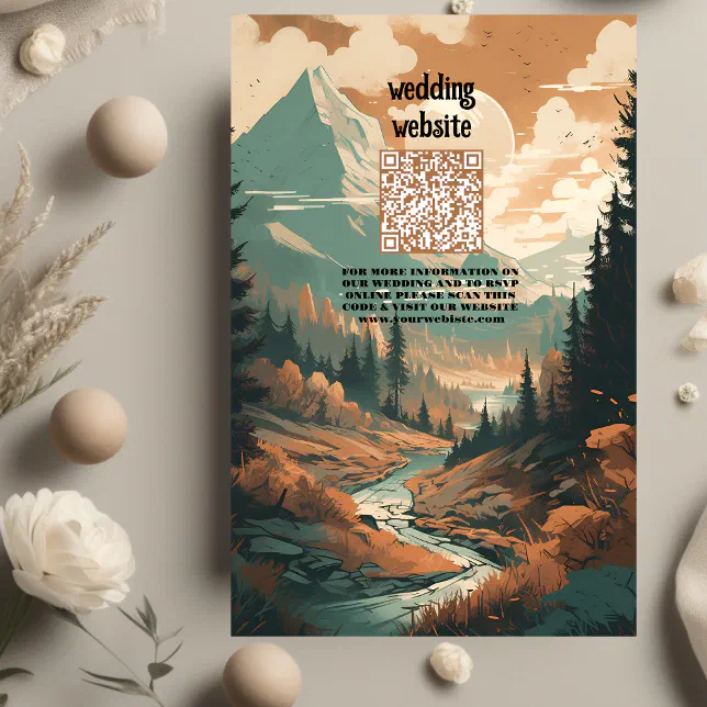 Rustic Mountain Forest Evergreen Wedding QR Code Enclosure Card | Zazzle