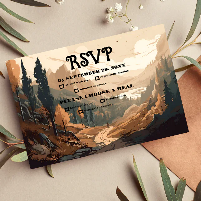Rustic Mountain Forest Evergreen Wedding RSVP Card | Zazzle