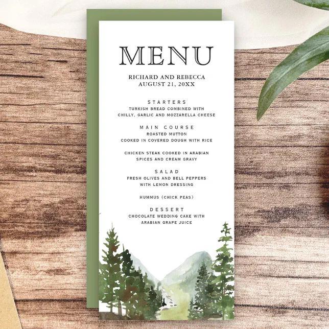 Rustic Mountain Forest Trees Wedding Menu | Zazzle