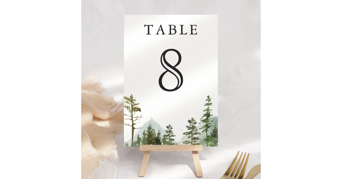 Rustic Mountain Forest Trees Wedding Table Number | Zazzle