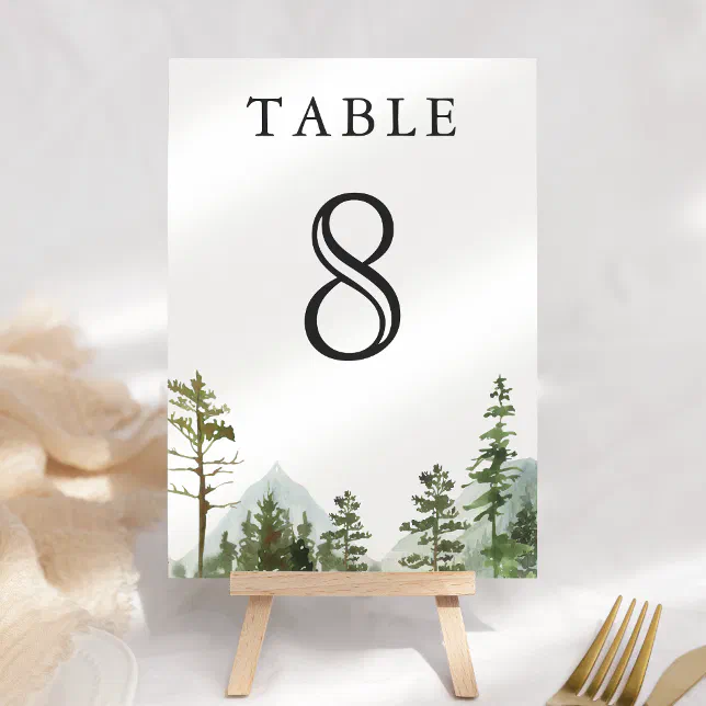 Rustic Mountain Forest Trees Wedding Table Number | Zazzle