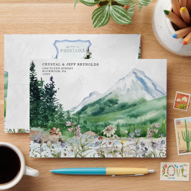 Rustic Mountain Forest Wildflower Wedding Envelope | Zazzle