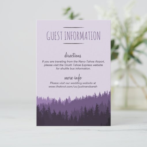 Rustic Mountain Guest Info Card in purple | Zazzle