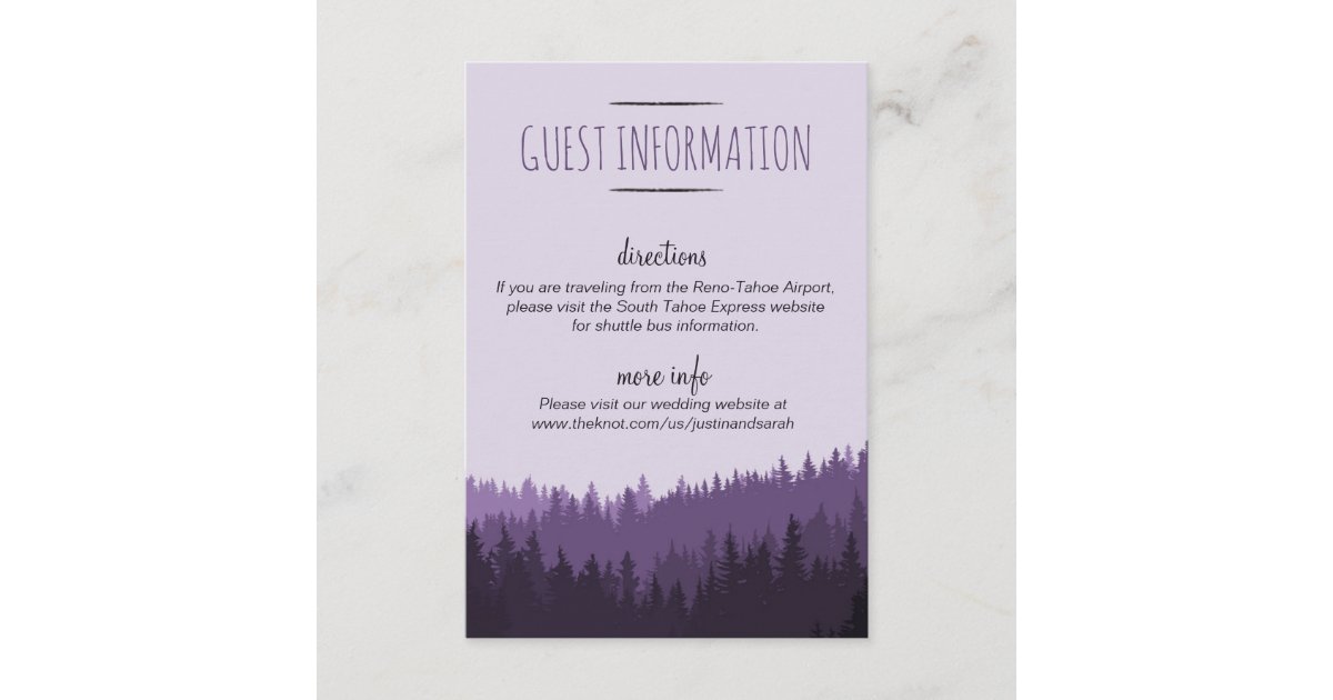 Rustic Mountain Guest Info Card in purple | Zazzle