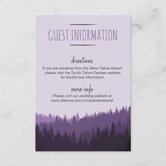 Rustic Mountain Guest Info Card in purple | Zazzle