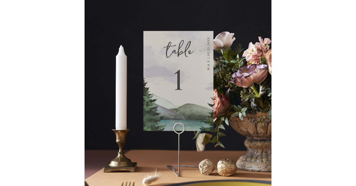 Rustic Mountain & Lake Evergreen Wedding Table Number | Zazzle