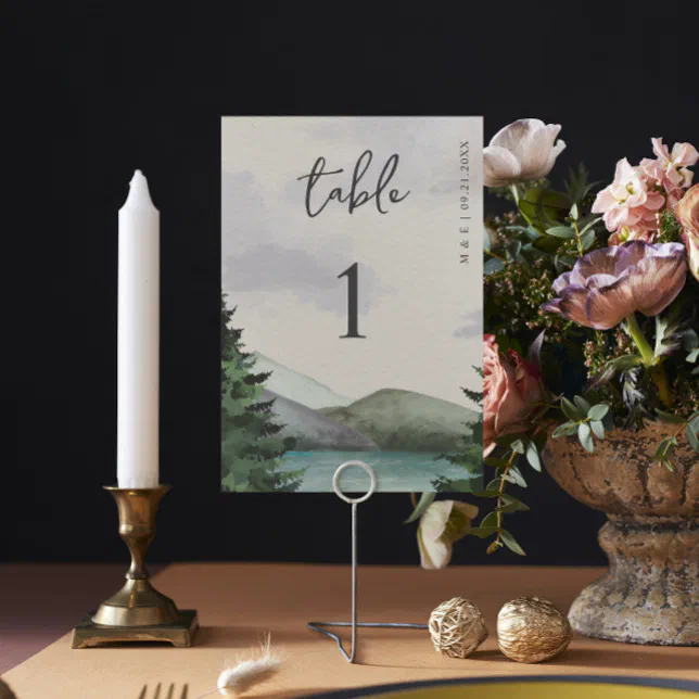 Rustic Mountain & Lake Evergreen Wedding Table Number | Zazzle
