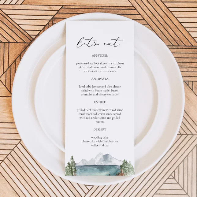 Rustic Mountain Lake Pine Tree Menu Cards | Zazzle