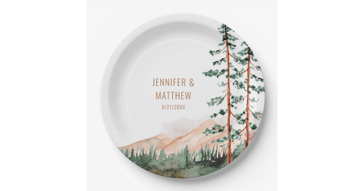 Rustic Mountain Landscape, Fog, Pine Trees Wedding Paper Plates | Zazzle