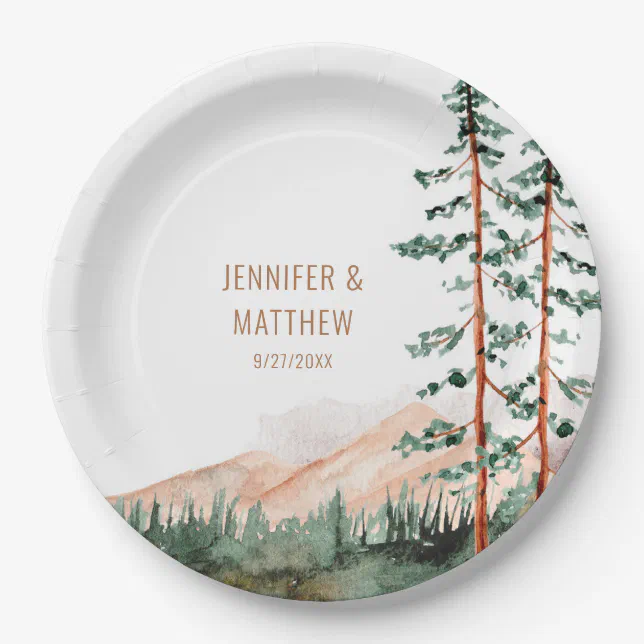 Rustic Mountain Landscape, Fog, Pine Trees Wedding Paper Plates | Zazzle